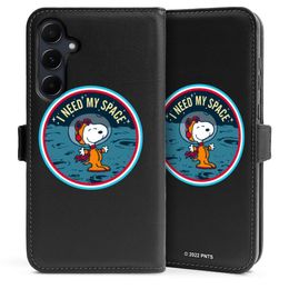 DeinDesign Galaxy A55 5G Handy Klapph&uuml;lle Handyh&uuml;lle aus Kunst Leder schwarz Flip Case Peanuts Weltall Snoopy Sideflip mit Lasche