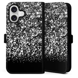 DeinDesign iPhone 16 Handy Klapph&uuml;lle Handyh&uuml;lle aus Kunst Leder schwarz Flip Case Muster Snowflake Glitzer Sideflip mit Lasche