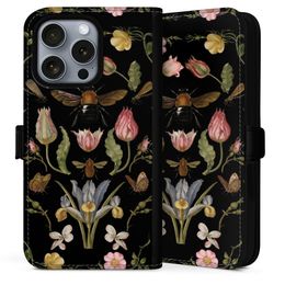 DeinDesign iPhone 16 Pro Max Handy Klapph&uuml;lle Handyh&uuml;lle aus Kunst Leder schwarz Flip Case Flower Wreath Bee Blossom Sideflip mit Lasche