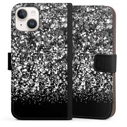 DeinDesign iPhone 14 Handy Klapph&uuml;lle Handyh&uuml;lle aus Kunst Leder schwarz Flip Case Muster Snowflake Glitzer Sideflip mit Lasche