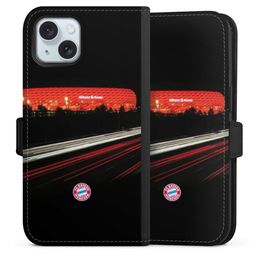 DeinDesign iPhone 15 Handy Klapph&uuml;lle Handyh&uuml;lle aus Kunst Leder schwarz Flip Case Fcb Fc Bayern M&uuml;nchen Stadium Sideflip mit Lasche