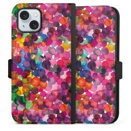DeinDesign iPhone 15 Handy Klapph&uuml;lle Handyh&uuml;lle aus Kunst Leder schwarz Flip Case Water Colour Colourful Points Sideflip mit Lasche