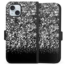 DeinDesign iPhone 15 Handy Klapph&uuml;lle Handyh&uuml;lle aus Kunst Leder schwarz Flip Case Muster Snowflake Glitzer Sideflip mit Lasche