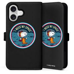 DeinDesign iPhone 16 Handy Klapph&uuml;lle Handyh&uuml;lle aus Kunst Leder schwarz Flip Case Peanuts Weltall Snoopy Sideflip mit Lasche