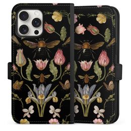 DeinDesign iPhone 15 Pro Max Handy Klapph&uuml;lle Handyh&uuml;lle aus Kunst Leder schwarz Flip Case Flower Wreath Bee Blossom Sideflip mit Lasche