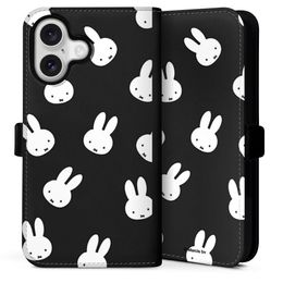 DeinDesign iPhone 16 Handy Klapph&uuml;lle Handyh&uuml;lle aus Kunst Leder schwarz Flip Case Muster Miffy Transparent Sideflip mit Lasche