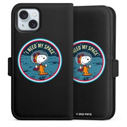 DeinDesign iPhone 15 Handy Klapph&uuml;lle Handyh&uuml;lle aus Kunst Leder schwarz Flip Case Peanuts Weltall Snoopy Sideflip mit Lasche