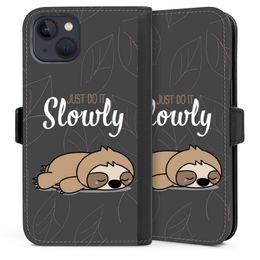 DeinDesign iPhone 13 Handy Klapph&uuml;lle Handyh&uuml;lle aus Kunst Leder schwarz Flip Case Sloth Lazy Sunday Sayings Sideflip mit Lasche