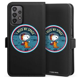 DeinDesign Galaxy A23 5G Handy Klapph&uuml;lle Handyh&uuml;lle aus Kunst Leder schwarz Flip Case Peanuts Weltall Snoopy Sideflip mit Lasche