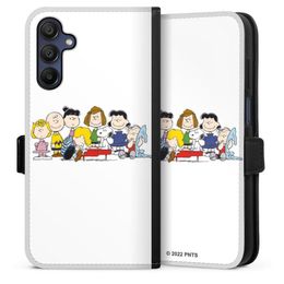 DeinDesign Galaxy A15 Handy Klapph&uuml;lle Handyh&uuml;lle aus Kunst Leder schwarz Flip Case Kindheit Peanuts Merchandise Sideflip mit Lasche