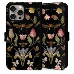 DeinDesign iPhone 16 Pro Handy Klapph&uuml;lle Handyh&uuml;lle aus Kunst Leder schwarz Flip Case Flower Wreath Bee Blossom Sideflip mit Lasche