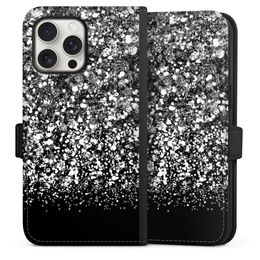 DeinDesign iPhone 15 Pro Max Handy Klapph&uuml;lle Handyh&uuml;lle aus Kunst Leder schwarz Flip Case Muster Snowflake Glitzer Sideflip mit Lasche