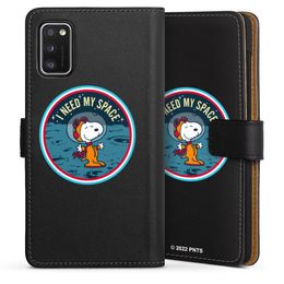 DeinDesign Galaxy A41 Handy Klapph&uuml;lle Handyh&uuml;lle aus Kunst Leder schwarz Flip Case Peanuts Weltall Snoopy Sideflip mit Lasche