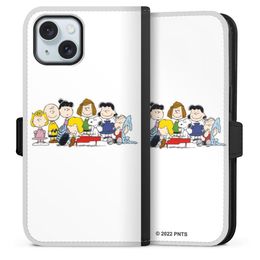 DeinDesign iPhone 15 Handy Klapph&uuml;lle Handyh&uuml;lle aus Kunst Leder schwarz Flip Case Merchandise Peanuts Kindheit Sideflip mit Lasche