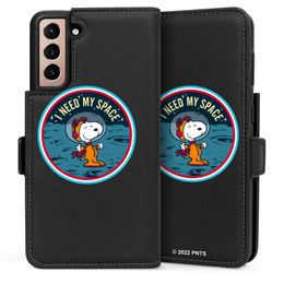 DeinDesign Galaxy S21 5G Handy Klapph&uuml;lle Handyh&uuml;lle aus Kunst Leder schwarz Flip Case Peanuts Weltall Snoopy Sideflip mit Lasche