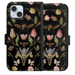 DeinDesign iPhone 15 Handy Klapph&uuml;lle Handyh&uuml;lle aus Kunst Leder schwarz Flip Case Flower Wreath Bee Blossom Sideflip mit Lasche