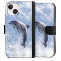 DeinDesign iPhone 14 Handy Klapph&uuml;lle Handyh&uuml;lle aus Kunst Leder schwarz Flip Case Wale Ocean Dolphin Sideflip mit Lasche