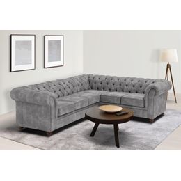 Chesterfield-Sofa Home Affaire "Chesterfield Ecksofa, auch in Leder L-Form", grau (hellgrau), B:250cm H:74cm T:210cm, Luxus-Microfaser (94% Polyester, 5% Nylon, 1% Spandex);Microfaser Antiklederoptik (100% Polyester);NaturLEDER (echtes italienisches Rindsleder), Sofas, hochwertige Knopfheftung, langer Schenkel links oder rechts wählbar