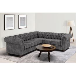 Chesterfield-Sofa Home Affaire "Chesterfield Ecksofa, auch in Leder L-Form", grau (anthrazit), B:250cm H:74cm T:210cm, Luxus-Microfaser (94% Polyester, 5% Nylon, 1% Spandex);Microfaser Antiklederoptik (100% Polyester);NaturLEDER (echtes italienisches Rindsleder), Sofas, hochwertige Knopfheftung, langer Schenkel links oder rechts wählbar