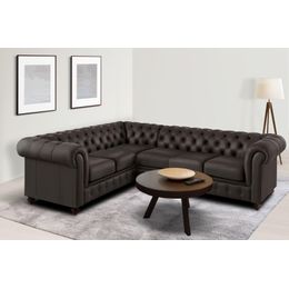 Chesterfield-Sofa Home Affaire "Chesterfield Ecksofa, auch in Leder L-Form", braun, B:250cm H:74cm T:210cm, Luxus-Microfaser (94% Polyester, 5% Nylon, 1% Spandex);Microfaser Antiklederoptik (100% Polyester);NaturLEDER (echtes italienisches Rindsleder), Sofas, hochwertige Knopfheftung, langer Schenkel links oder rechts wählbar