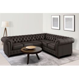 Chesterfield-Sofa Home Affaire "Chesterfield Ecksofa, auch in Leder L-Form", braun, B:250cm H:74cm T:210cm, Luxus-Microfaser (94% Polyester, 5% Nylon, 1% Spandex);Microfaser Antiklederoptik (100% Polyester);NaturLEDER (echtes italienisches Rindsleder), Sofas, hochwertige Knopfheftung, langer Schenkel links oder rechts wählbar