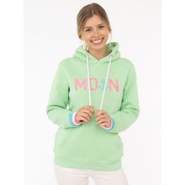 Hoodie Zwillingsherz ""Rahel"", Damen, Gr. L, grün (neon grün), Obermaterial: 50% Baumwolle, 50% Polyester, bedruckt, unifarben, hüftbedeckend, ohne Ausschnitt, Rippbündchen kontrastfarben, Sweatshirts, mit "MOIN" und Anker Stickerei, kontrastfarbigen Ärmelbündchen