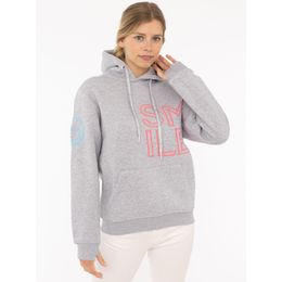 Hoodie Zwillingsherz ""Alissa 2.0"", Damen, Gr. L, grau (hellgrau), Sweatware, Obermaterial: 50% Baumwolle, 50% Polyester, bedruckt, unifarben, hüftbedeckend, ohne Ausschnitt, Rippbündchen, Sweatshirts, mit SMILE Stickerei vorne und hinten