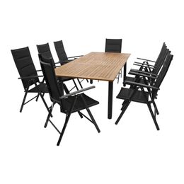 DEGAMO Garnitur SARONNO 9-teilig, Alu + Akazie + Kunstgewebe schwarz