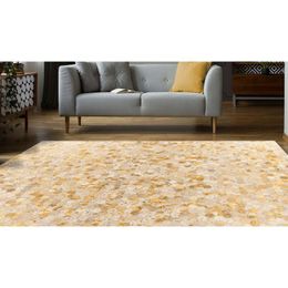 Kayoom Lederteppich &raquo;Ravi 400 - Fellteppich&laquo; rechteckig 8 mm H&ouml;he metallische Effekte, Patchwork Dessin, Rindsfell mit Wollr&uuml;cken goldfarben...