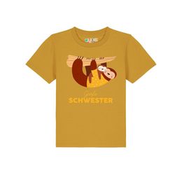 watabout.kids T-Shirt 'Faultier Gro&szlig;e Schwester' Jungen Gr&ouml;&szlig;e 110/116 kastanienbraun / goldgelb / safran / wei&szlig;