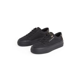 Plateausneaker Tommy Hilfiger "ESSENTIAL VULC TEXTILE SNEAKER", Damen, Gr. 40, schwarz, Textil, Schuhe, Freizeitschuh, Halbschuh, Schnürschuh mit goldfarbenen Details