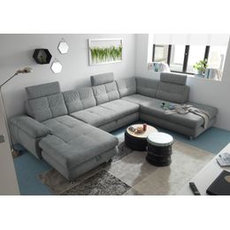 Wohnlandschaft ED EXCITING DESIGN "Alba U-Form", grau, B:349cm H:88cm T:233cm, 100% Polyester, Sofas, Wohnlandschaft, mit Bettfunktion, Bettkasten, Armteilverstellung & Kopfst&uuml;tzen