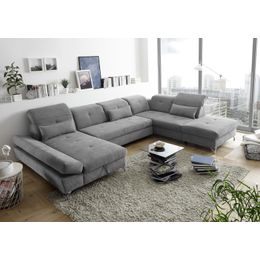 Wohnlandschaft ED EXCITING DESIGN "Melfi U-Form mit Bettfunktion, Bettkasten", braun (schlamm), B:350cm H:73cm T:245cm, 95% Polyester, 5% Nylon, Sofas, Wohnlandschaft, Arm- & Kopfteilverstellung & 3 Nierenkissen