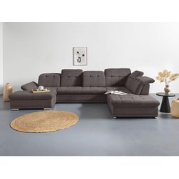 Wohnlandschaft COTTA "Holiday U-Form mit Sitztiefen-, Armteil- und Kopfteilverstellung", schwarz (charcoal), B:386cm H:86cm T:265cm, 100% Polyester, Sofas, Wohnlandschaft, wahlweise mit Bettfunktion & Bettkasten