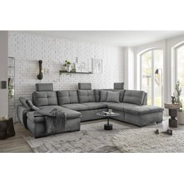 Wohnlandschaft ED EXCITING DESIGN "Alija U-Form", grau, B:334cm H:107cm T:217cm, 100% Polyester, Sofas, Wohnlandschaft, mit Bettfunktion, Bettkasten, Armteilverstellung & Kopfst&uuml;tzen
