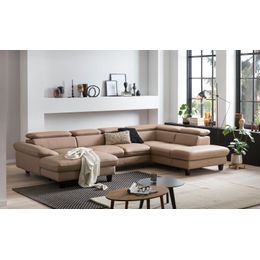 Wohnlandschaft Home Affaire "Pilot U-Form", braun (cappuccino), B:331cm T:108cm, Sofas, mit Kopfteilverstellung, wahlweise mit Bettfunktion & Bettkasten