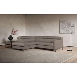 Ecksofa COTTA "Sammy L-Form", grau (stone), B:239cm H:74cm T:207cm, Microfaser Primabelle (100% Polyester);Die R&uuml;ckseite und die Liegefl&auml;che der Bettfunktion in NaturLEDER ist mit schwarzem Spannstoff bezogen, Sofas, Ecksofa, mit Kopfteilverstellung, wahlweise mit Bettfunktion & Bettkasten