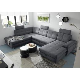 Wohnlandschaft ED EXCITING DESIGN "Alba U-Form", grau (anthrazit), B:349cm H:88cm T:233cm, 100% Polyester, Sofas, Wohnlandschaft, mit Bettfunktion, Bettkasten, Armteilverstellung & Kopfst&uuml;tzen