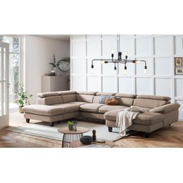 Wohnlandschaft Home Affaire "Pilot U-Form", beige (sand), B:331cm T:108cm, Sofas, Wohnlandschaft, mit Kopfteilverstellung, wahlweise mit Bettfunktion & Bettkasten