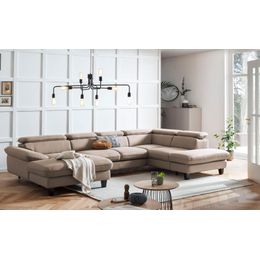 Wohnlandschaft Home Affaire "Pilot U-Form", beige (sand), B:331cm T:108cm, Sofas, Wohnlandschaft, mit Kopfteilverstellung, wahlweise mit Bettfunktion & Bettkasten