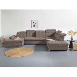Wohnlandschaft COTTA "Holiday U-Form mit Sitztiefen-, Armteil- und Kopfteilverstellung", grau (taupe), B:386cm H:86cm T:265cm, 90% Polyester, 10% Polyamid, Sofas, Wohnlandschaft, wahlweise mit Bettfunktion & Bettkasten