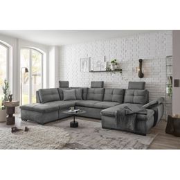 Wohnlandschaft ED EXCITING DESIGN "Alija U-Form", grau, B:334cm H:107cm T:217cm, 100% Polyester, Sofas, Wohnlandschaft, mit Bettfunktion, Bettkasten, Armteilverstellung & Kopfst&uuml;tzen