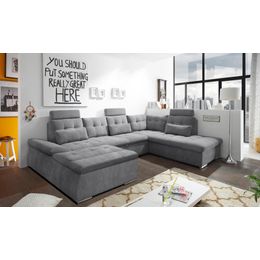Wohnlandschaft ED EXCITING DESIGN "Nalo U-Form mit Bettfunktion, Bettkasten", grau (dunkelgrau), B:324cm H:103cm T:219cm, 95% Polyester, 5% Nylon, Sofas, Wohnlandschaft, Armteilverstellung, Kopfst&uuml;tzen & 3 Nierenkissen