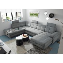 Wohnlandschaft ED EXCITING DESIGN "Alba U-Form", grau, B:349cm H:88cm T:233cm, 100% Polyester, Sofas, Wohnlandschaft, mit Bettfunktion, Bettkasten, Armteilverstellung & Kopfst&uuml;tzen