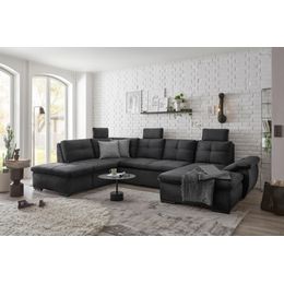 Wohnlandschaft ED EXCITING DESIGN "Alija U-Form", schwarz, B:334cm H:107cm T:217cm, 100% Polyester, Sofas, Wohnlandschaft, mit Bettfunktion, Bettkasten, Armteilverstellung & Kopfst&uuml;tzen