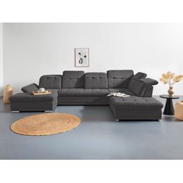 Wohnlandschaft COTTA "Holiday U-Form mit Sitztiefen-, Armteil- und Kopfteilverstellung", braun (mud), B:386cm H:86cm T:265cm, 100% Polyester, Sofas, Wohnlandschaft, wahlweise mit Bettfunktion & Bettkasten