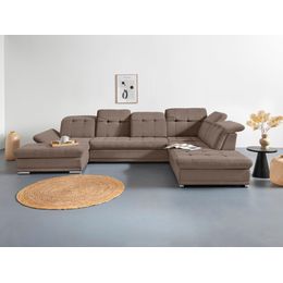 Wohnlandschaft COTTA "Holiday U-Form mit Sitztiefen-, Armteil- und Kopfteilverstellung", grau (taupe), B:386cm H:86cm T:265cm, 90% Polyester, 10% Polyamid, Sofas, Wohnlandschaft, wahlweise mit Bettfunktion & Bettkasten