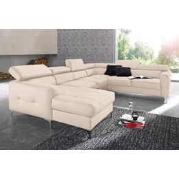 Polstergarnitur COTTA "Sammy U-Form", beige (creme,), B:306cm, Sitzm&ouml;bel-Sets, Set bestehend aus: Wohnlandschaft mit Kopfteilverstellung & Hocker