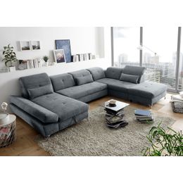 Wohnlandschaft ED EXCITING DESIGN "Melfi U-Form mit Bettfunktion, Bettkasten", grau, B:350cm H:73cm T:245cm, 95% Polyester, 5% Nylon, Sofas, Wohnlandschaft, Arm- & Kopfteilverstellung & 3 Nierenkissen