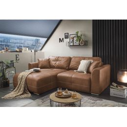 Ecksofa ED EXCITING DESIGN "Dolan L-Form", braun (hellbraun), B:247cm H:90cm T:190cm, 100% Polyester, Sofas, Ecksofa, mit Bettfunktion, Bettkasten & 2 Zierkissen, Topseller